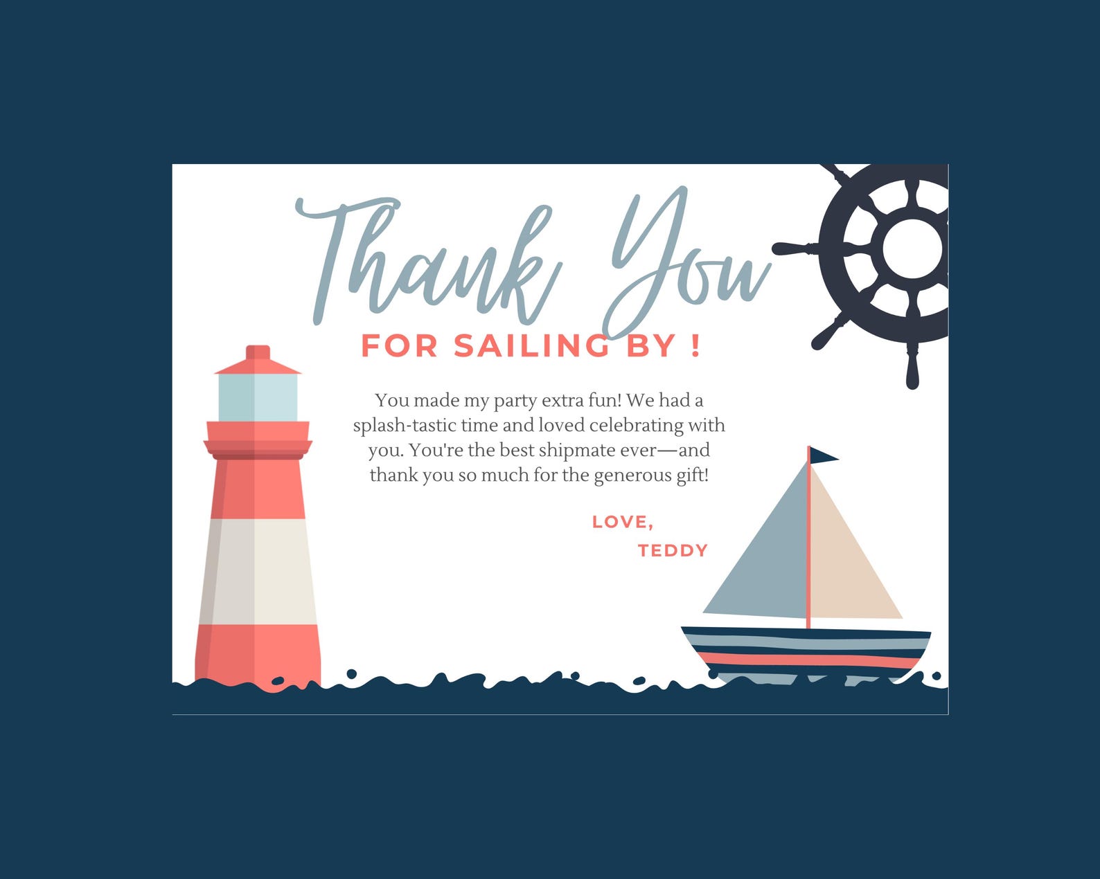 Nautical Thank You Card Navy Red Sailor Theme Printable Editable Canva ...