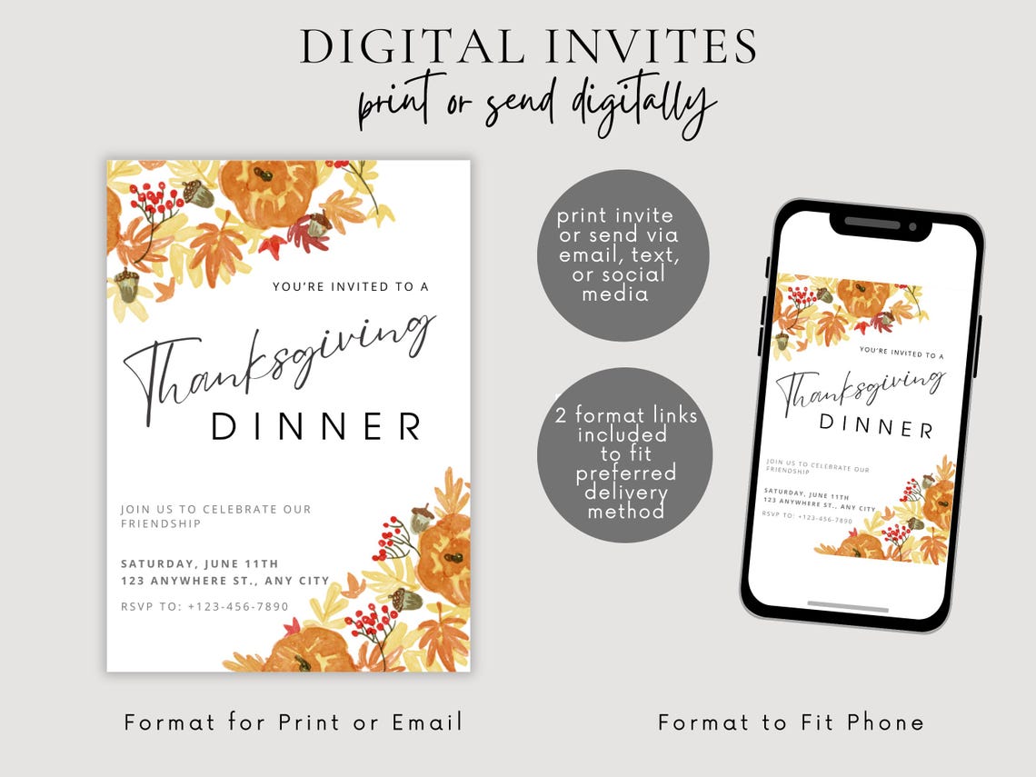 Thanksgiving Invitation Thanksgiving Dinner Evite Thanksgiving Digital ...