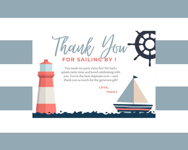 Nautical Thank You Card Navy Red Sailor Theme Printable Editable Canva ...