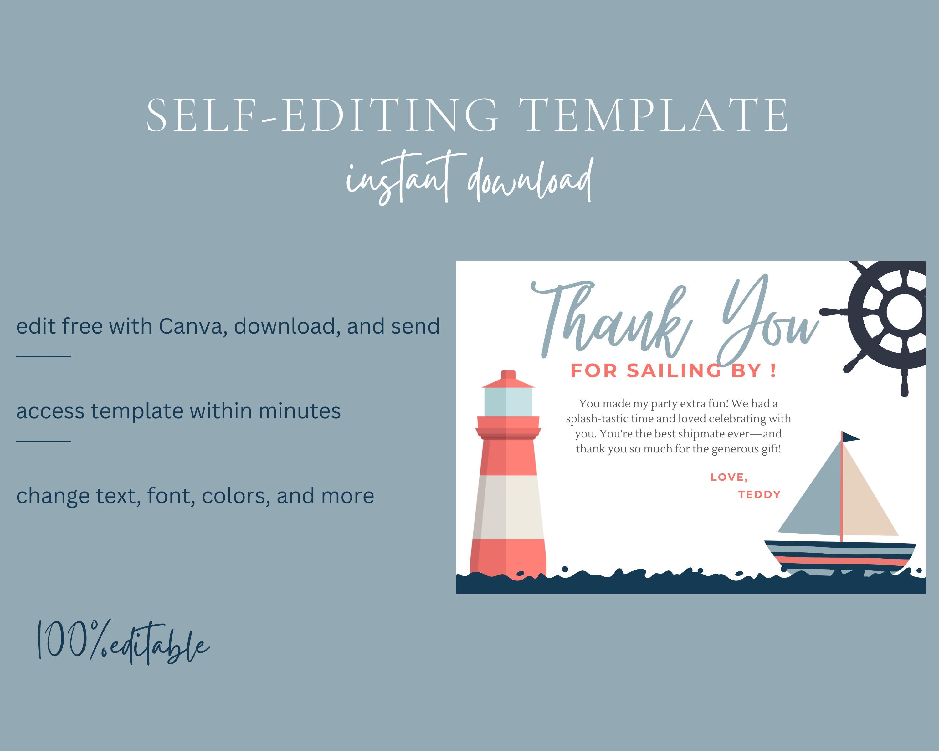 Nautical Thank You Card Navy Red Sailor Theme Printable Editable Canva ...