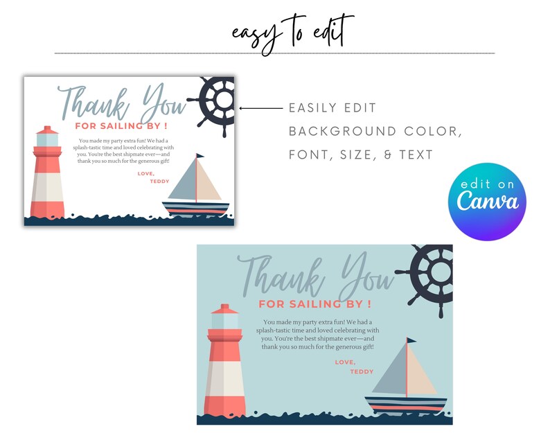 Nautical Thank You Card Navy Red Sailor Theme Printable Editable Canva ...