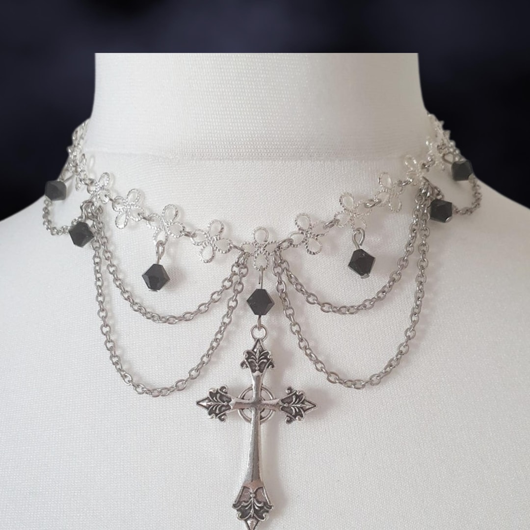 Goth Cross Rosary Necklace, Gothic Rosary Style Necklace, Gothic ...