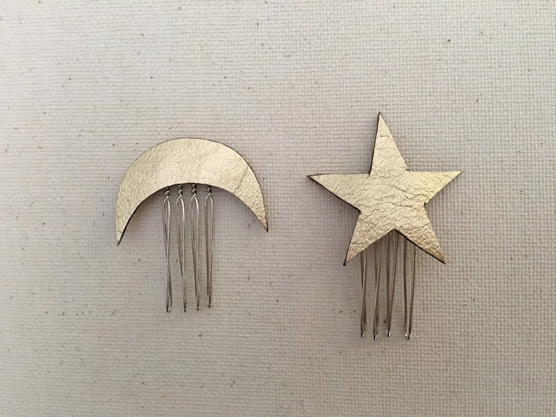 Metallic Gold Leather Moon and Star Hair Mini Combs - Etsy