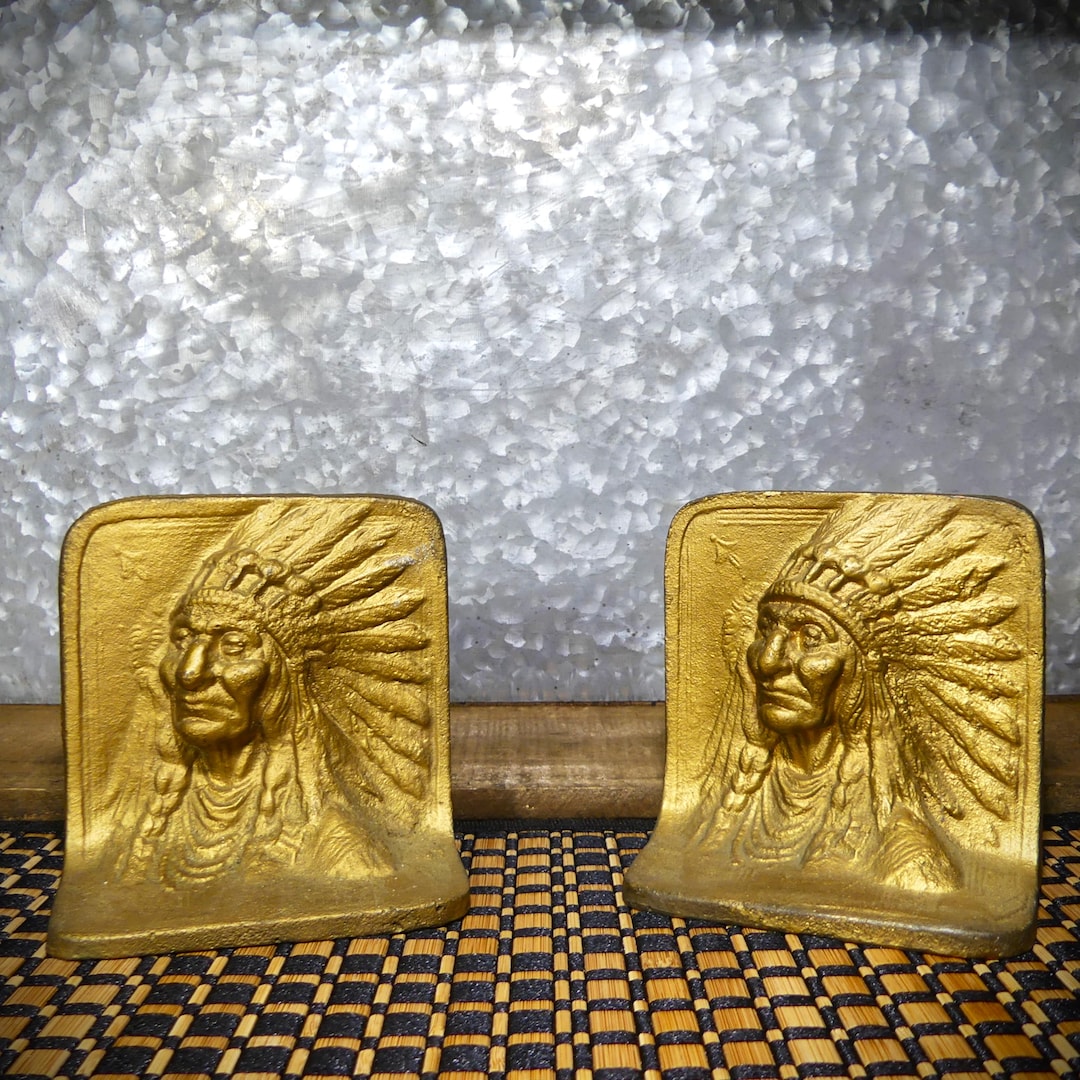 1920s Stoic Native American Chieftan Solid Iron Gold Tone Set of Two ...
