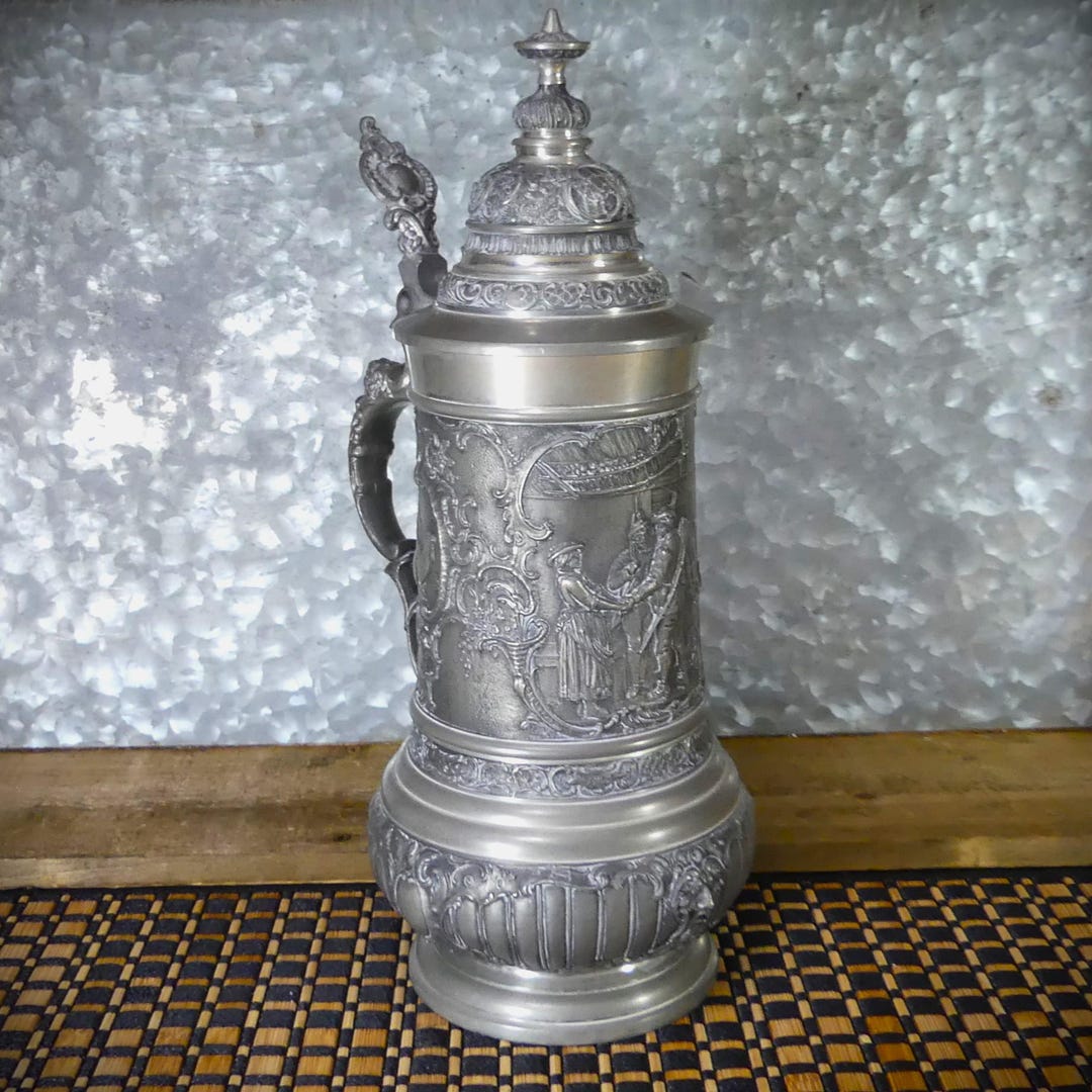 Hunter's Vintage German Pewter Lidded Tankard With Ornate Outdoorsman ...
