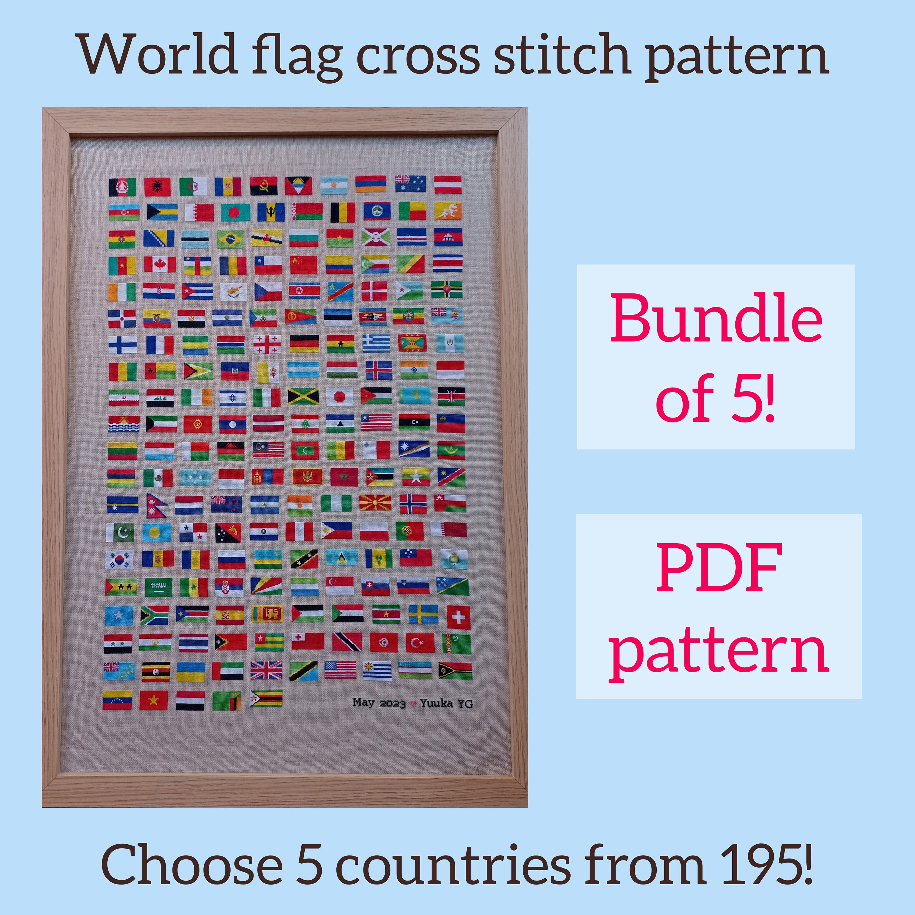Bundle of 5! World Flag Cross Stitch Pattern, Choose 5 Countries From ...