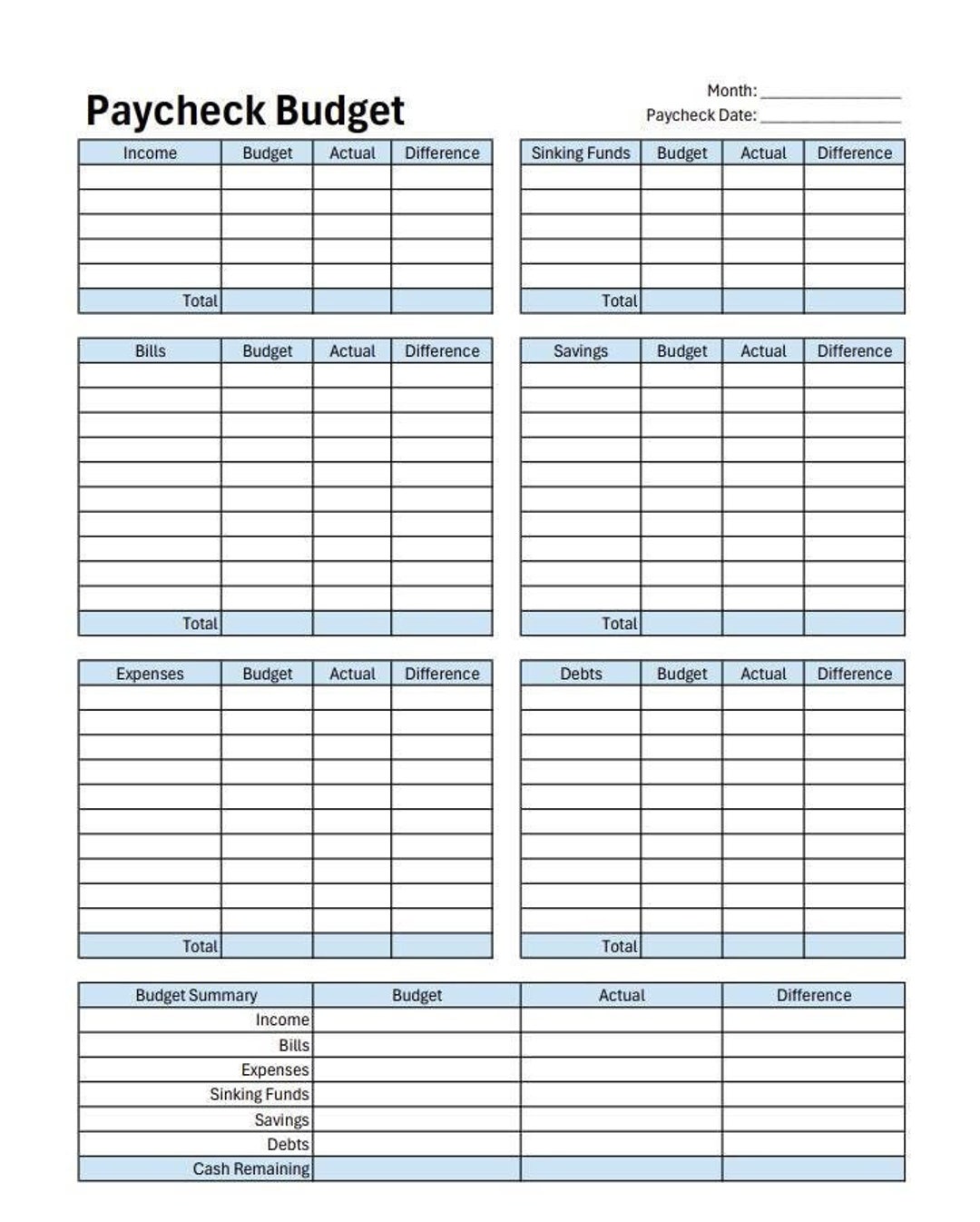 Zero Based Budget Paycheck Planner, Detailed Financial Organizer for ...