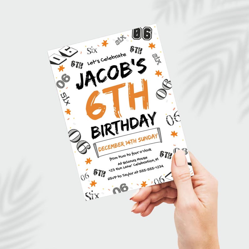 Boy 6th Birthday Party Invitation Boy Number Invitation Girl Sixth ...