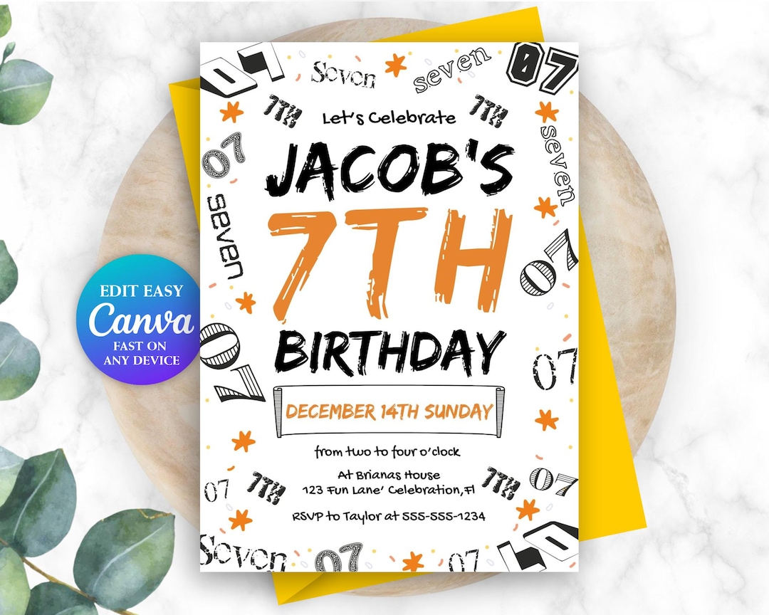 Boy 7th Birthday Party Invitation Boy Number Invitation Girl Seventh ...