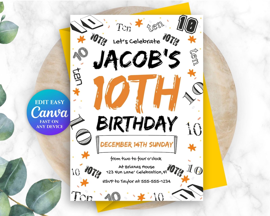 Boy 10th Birthday Party Invitation Boy Number Invitation Girl Tenth ...