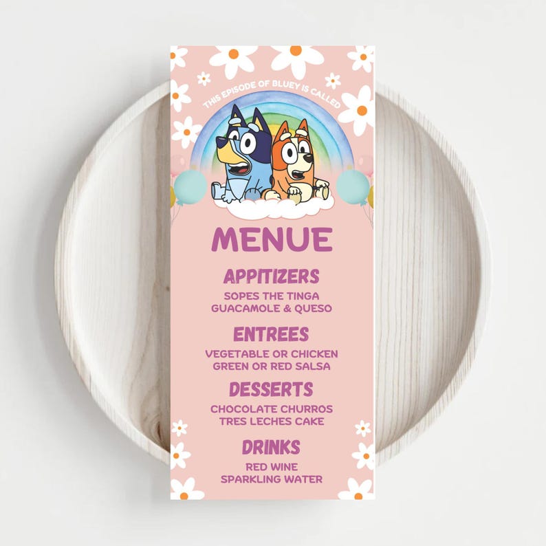 Menu Sign Bluey Party Favor Label Girls Blue Dog Birthday Bluey Girl ...