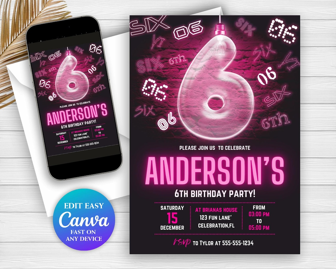 6th Birthday Neon Invitation Boy Neon Glow Party Invite Boy Number ...