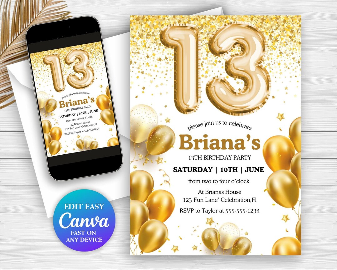 13th Birthday Golden Invitation Girl Gold Glitter Birthday Invite Gold ...