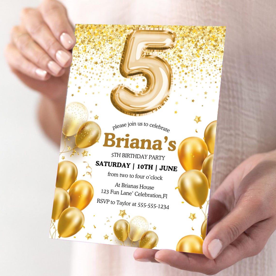 5th Birthday Golden Invitation Girls Gold Glitter Birthday Invite Boy ...