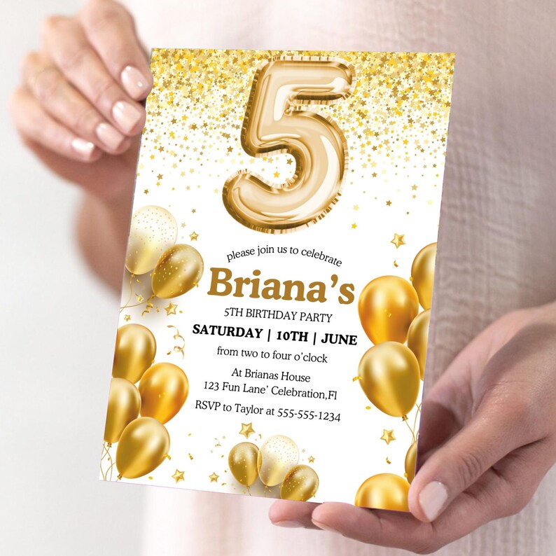 5th Birthday Golden Invitation Girls Gold Glitter Birthday Invite Boy ...