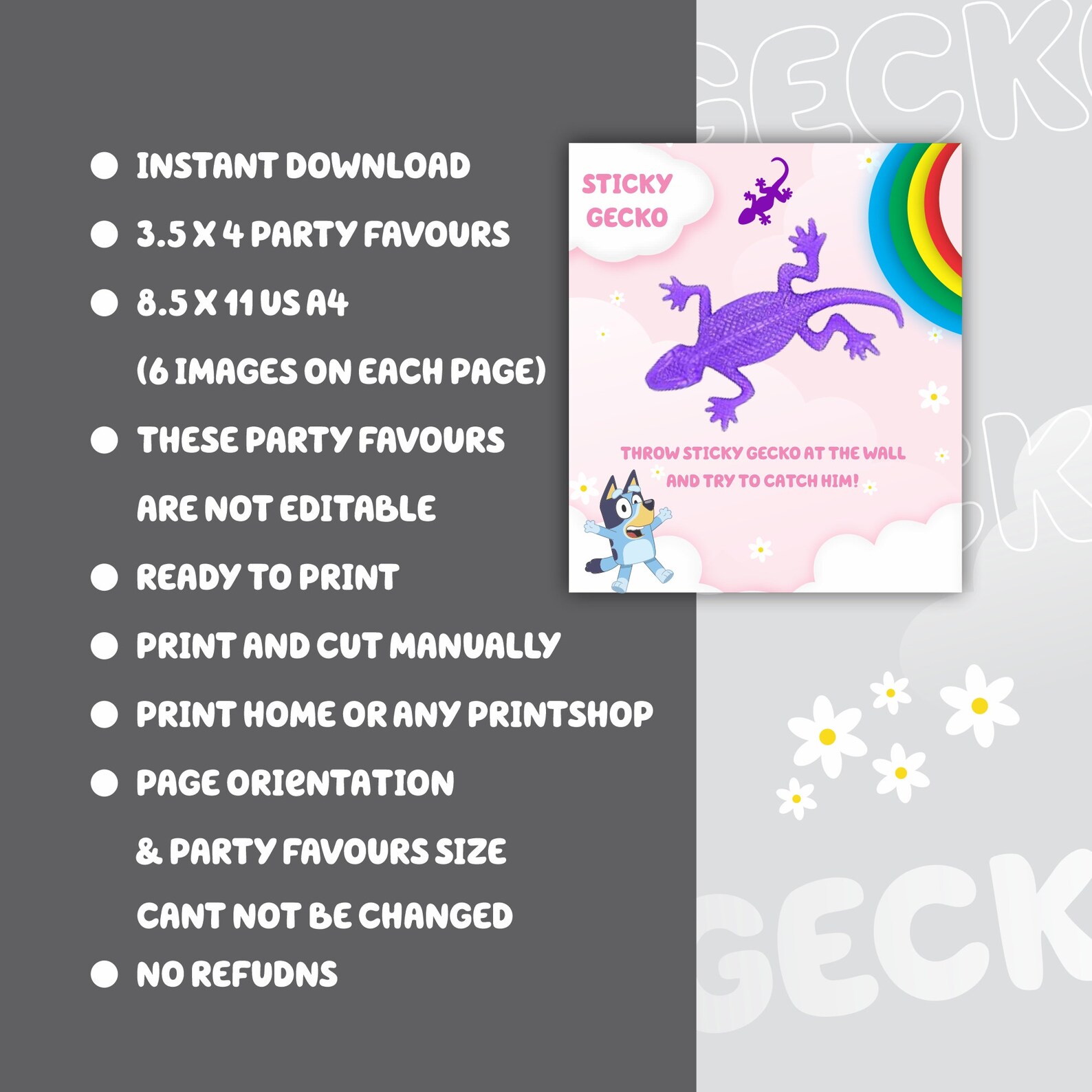 Sticky Gecko Bluey Party Favor Printable Bluey Birthday Treat Bundles ...