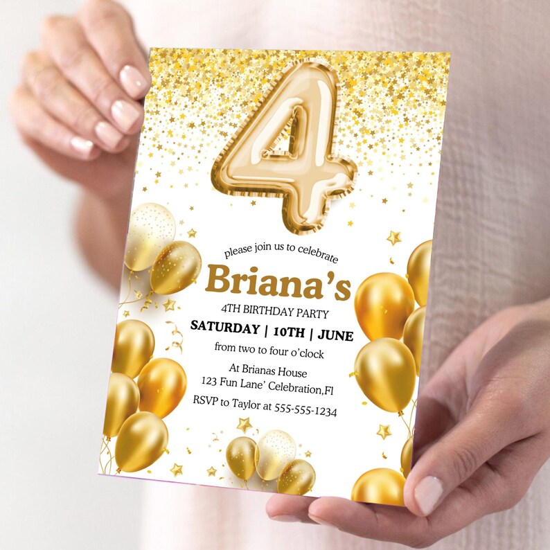 4th Birthday Golden Invitation Girl Gold Glitter Birthday Invite Boy ...