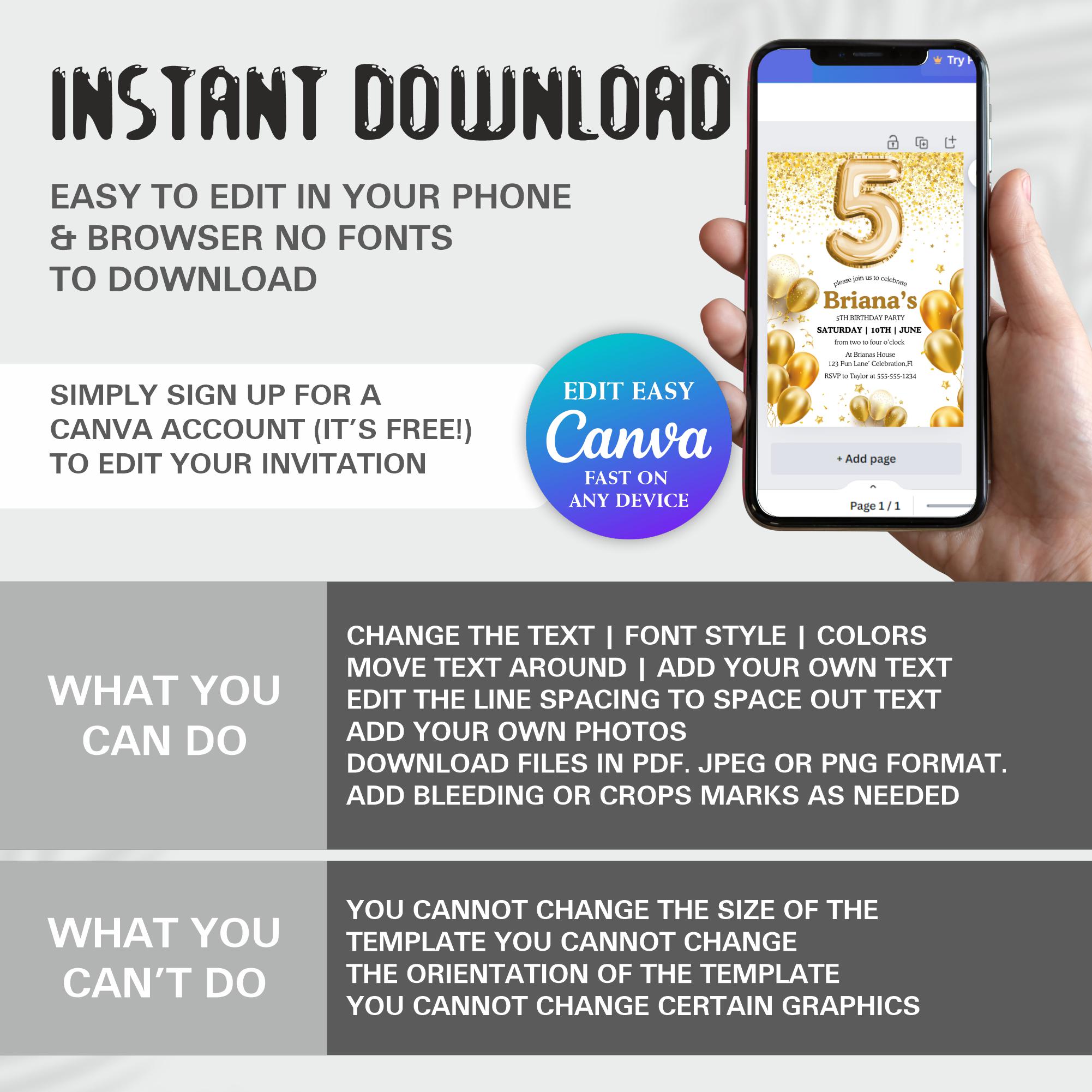 5th Birthday Golden Invitation Girls Gold Glitter Birthday Invite Boy ...