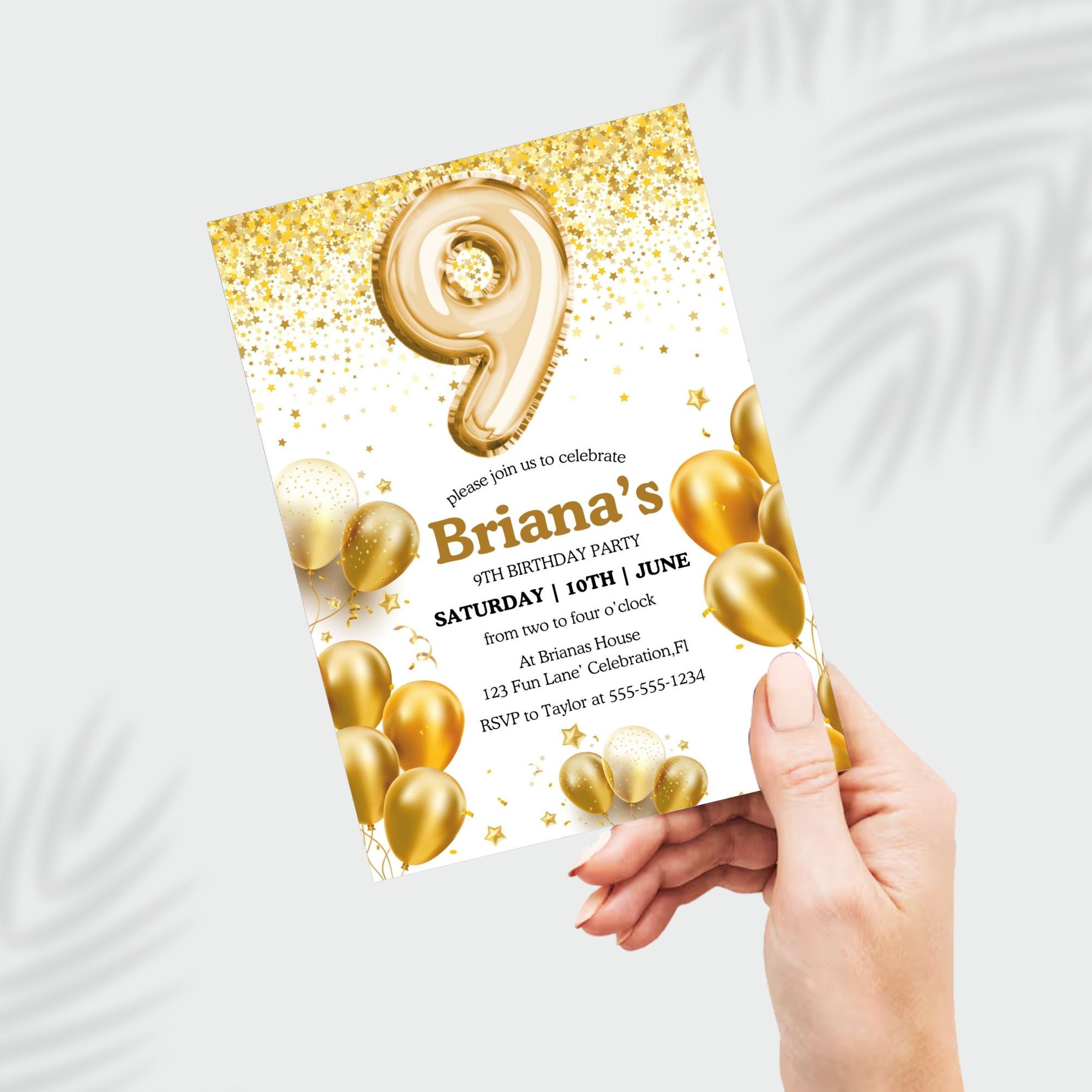 9th Birthday Golden Invitation Girl Gold Glitter Birthday Invite Boy ...