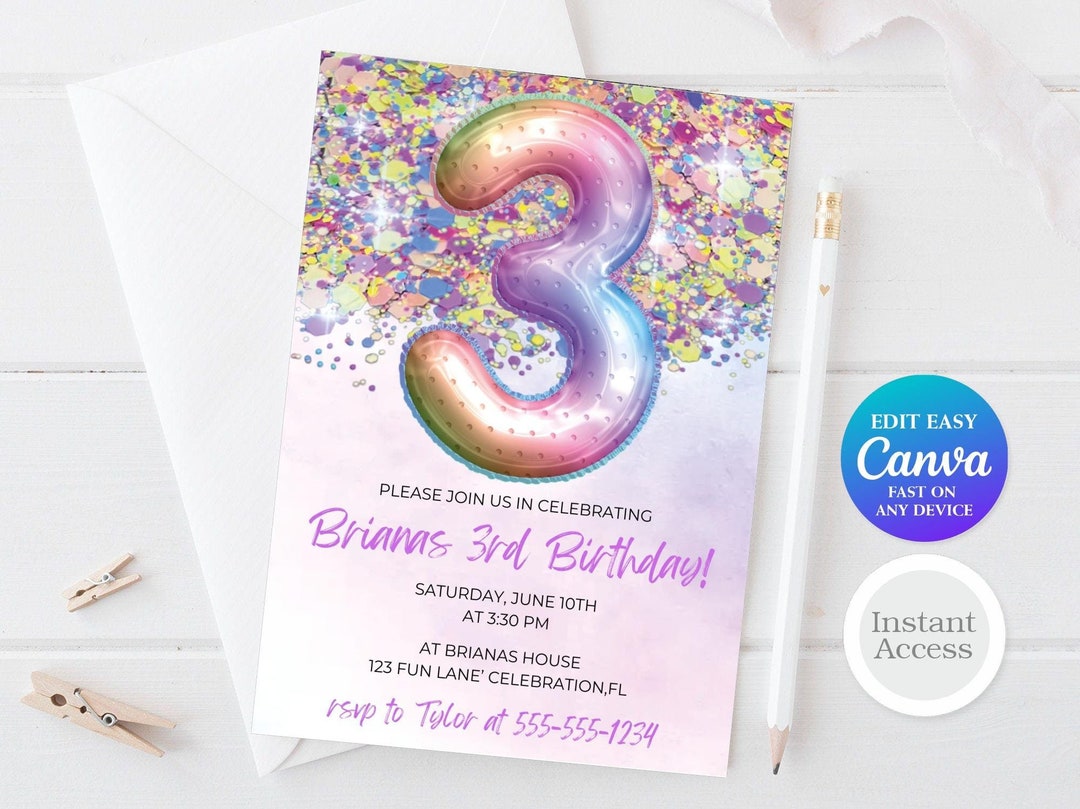 3rd Birthday Invitation Pink Glitter Party Invite Rainbow Foil Pastel ...