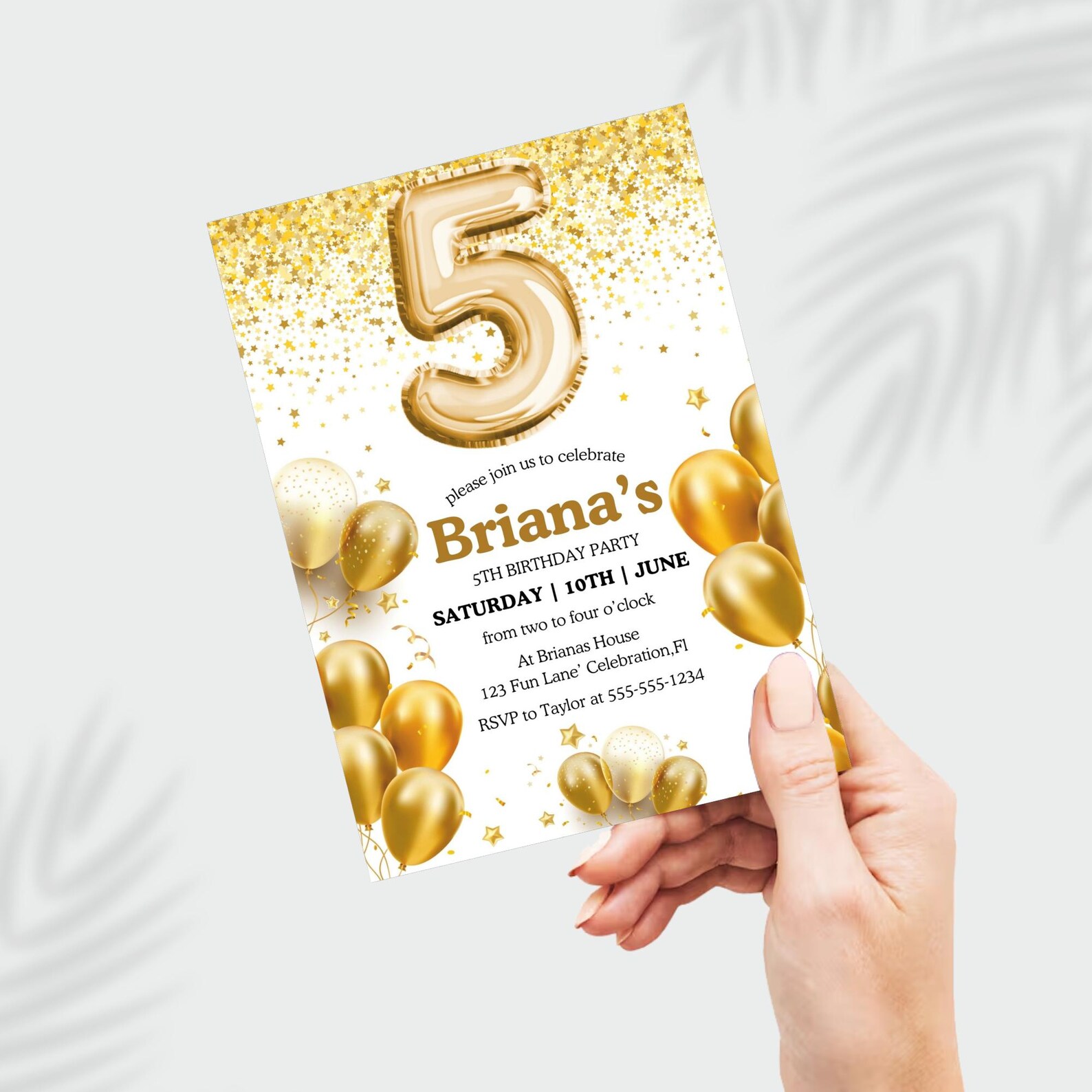 5th Birthday Golden Invitation Girls Gold Glitter Birthday Invite Boy ...