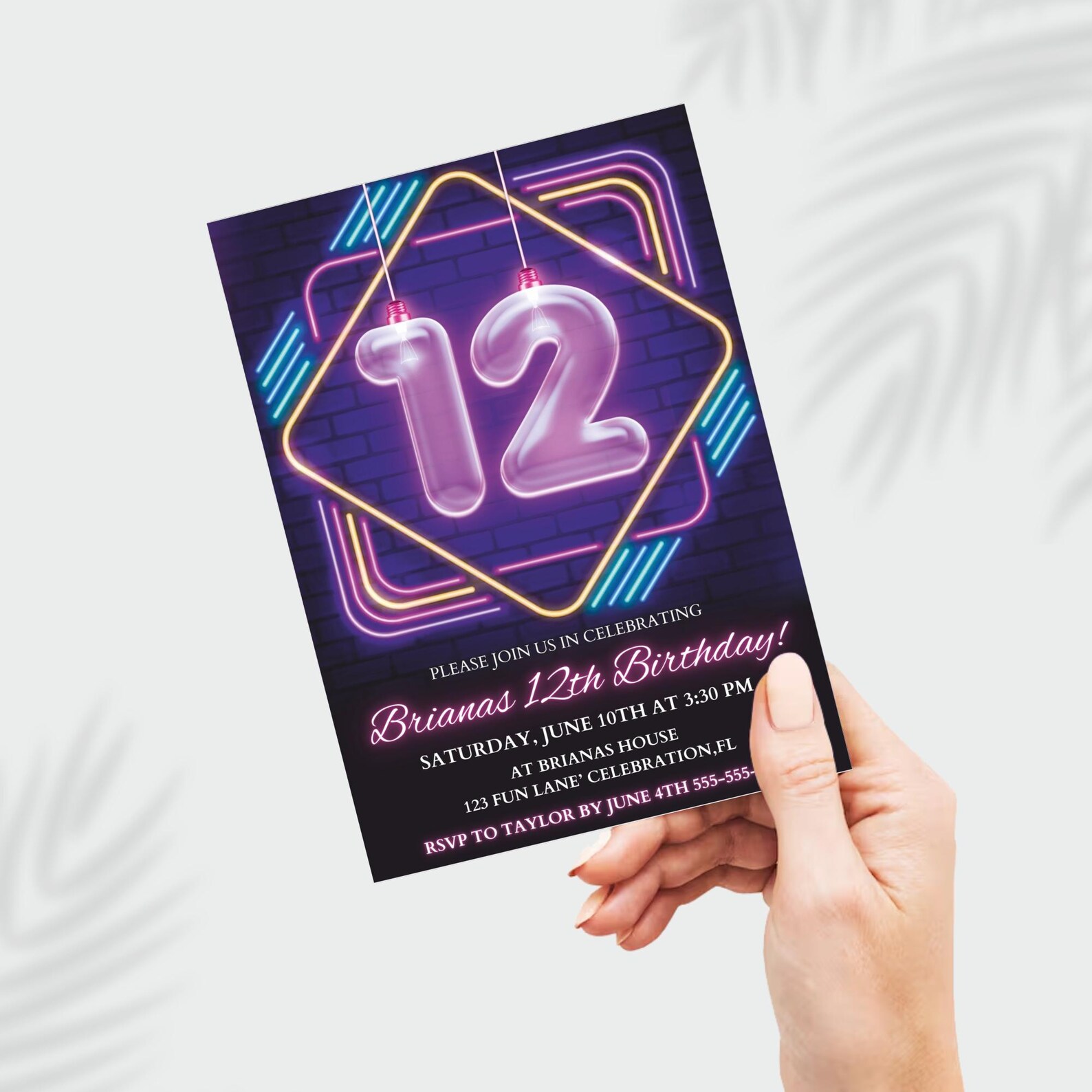 Boy 12th Birthday Invitation Boy Neon Glow Party Invite Boy Number ...