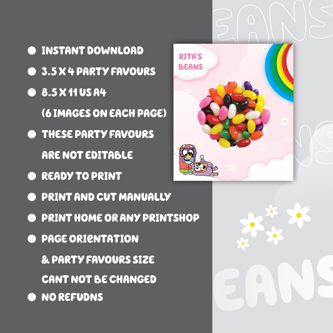 Rita Bean Bluey Party Favor Printables Bluey Birthday Treat Bundle ...