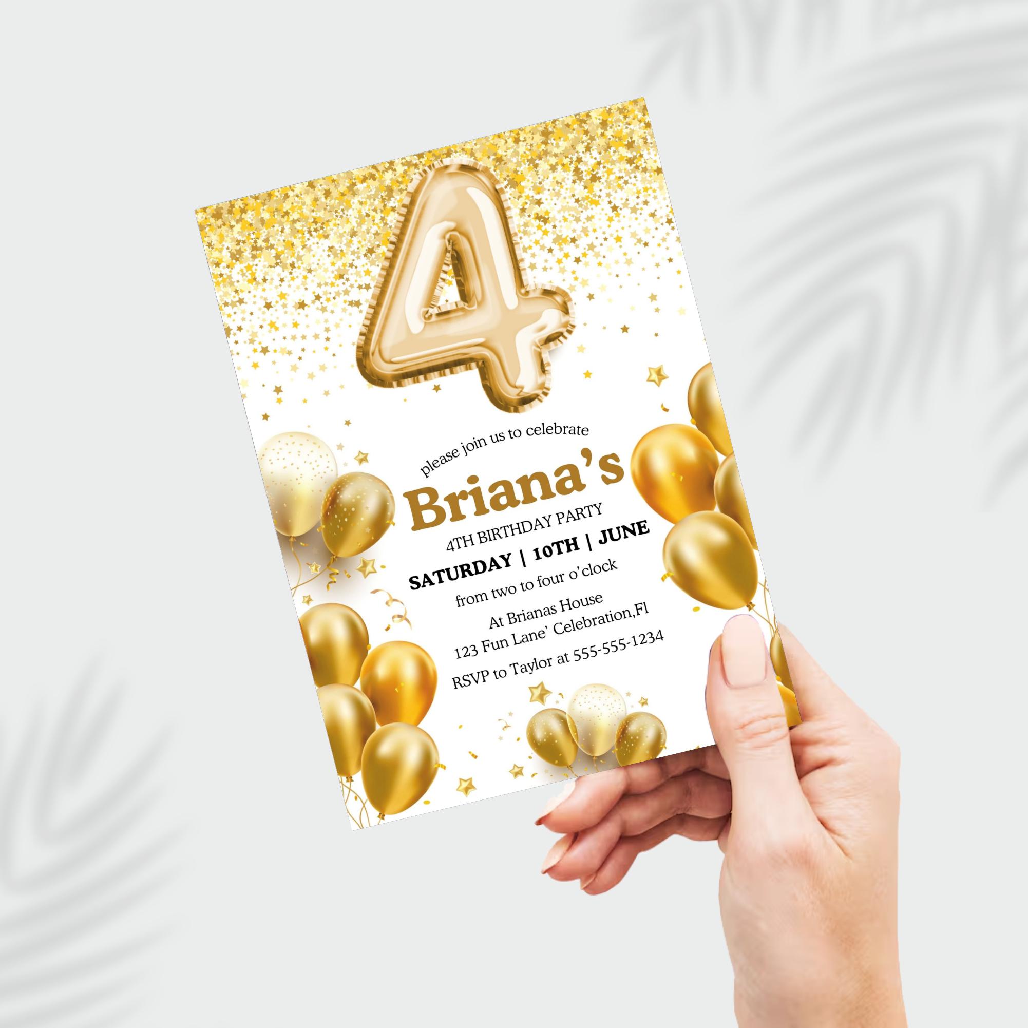 4th Birthday Golden Invitation Girl Gold Glitter Birthday Invite Boy ...