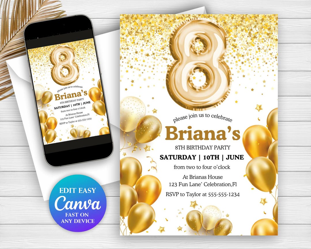 8th Birthday Golden Invitation Girls Gold Glitter Birthday Invite Boy ...