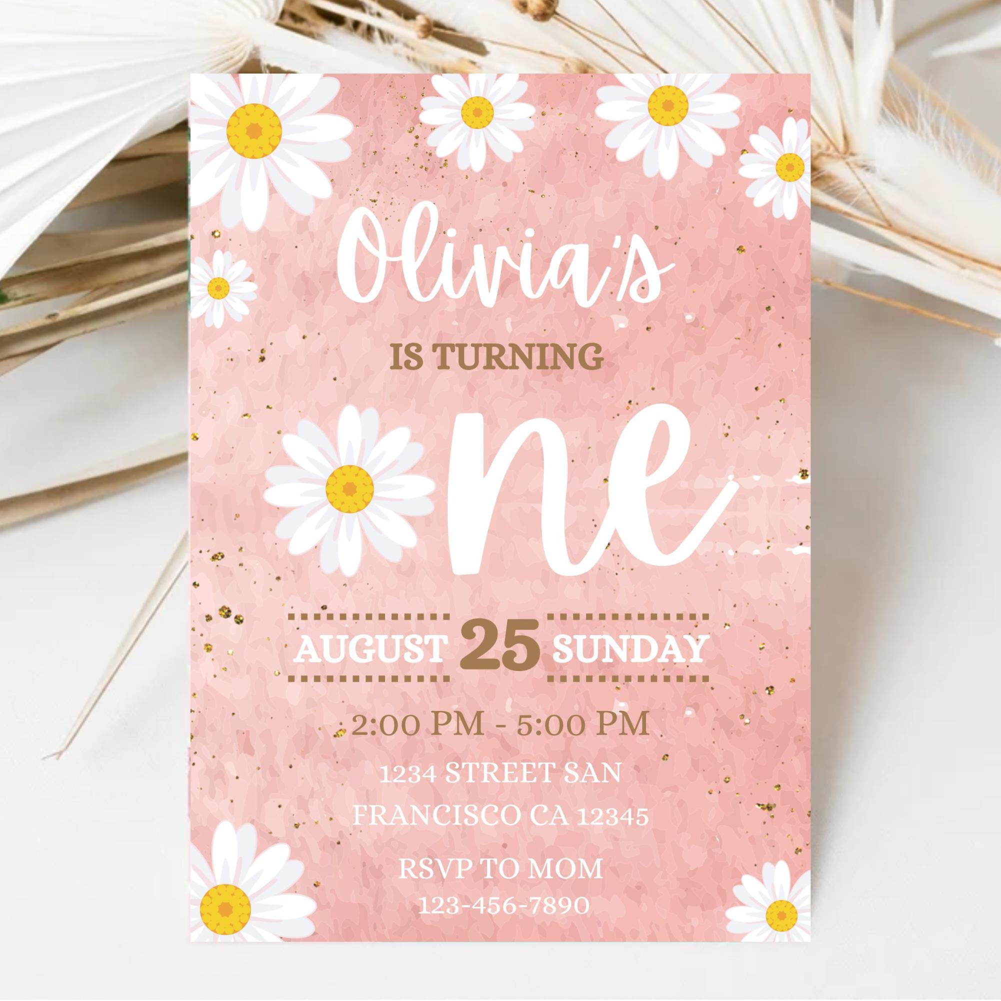Editable Daisy Flower Invite Birthday Floral Invitation Wildflower 1st ...