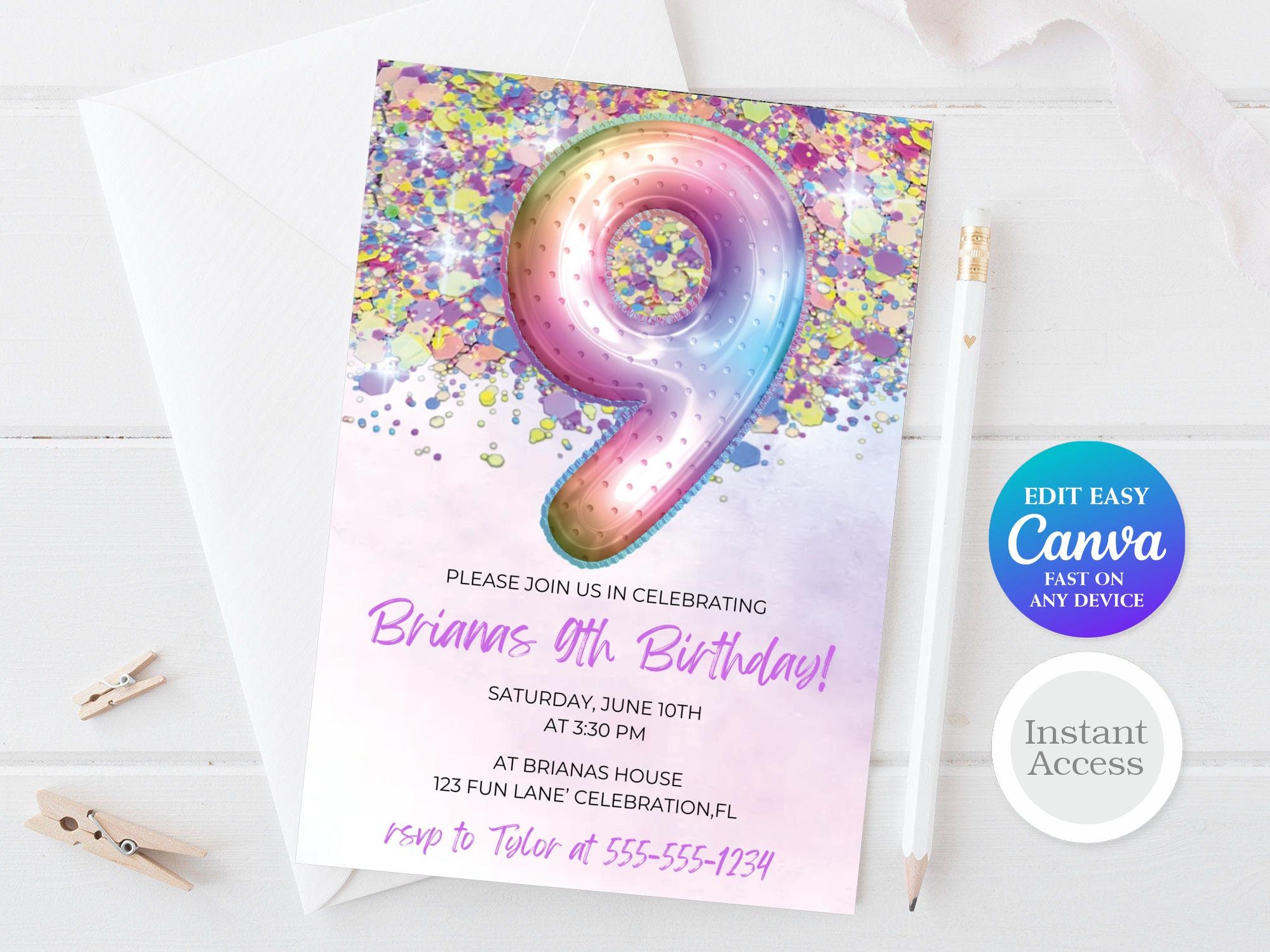 9th Birthday Invitation Pink Glitter Party Invite Rainbow Foil Pastel ...