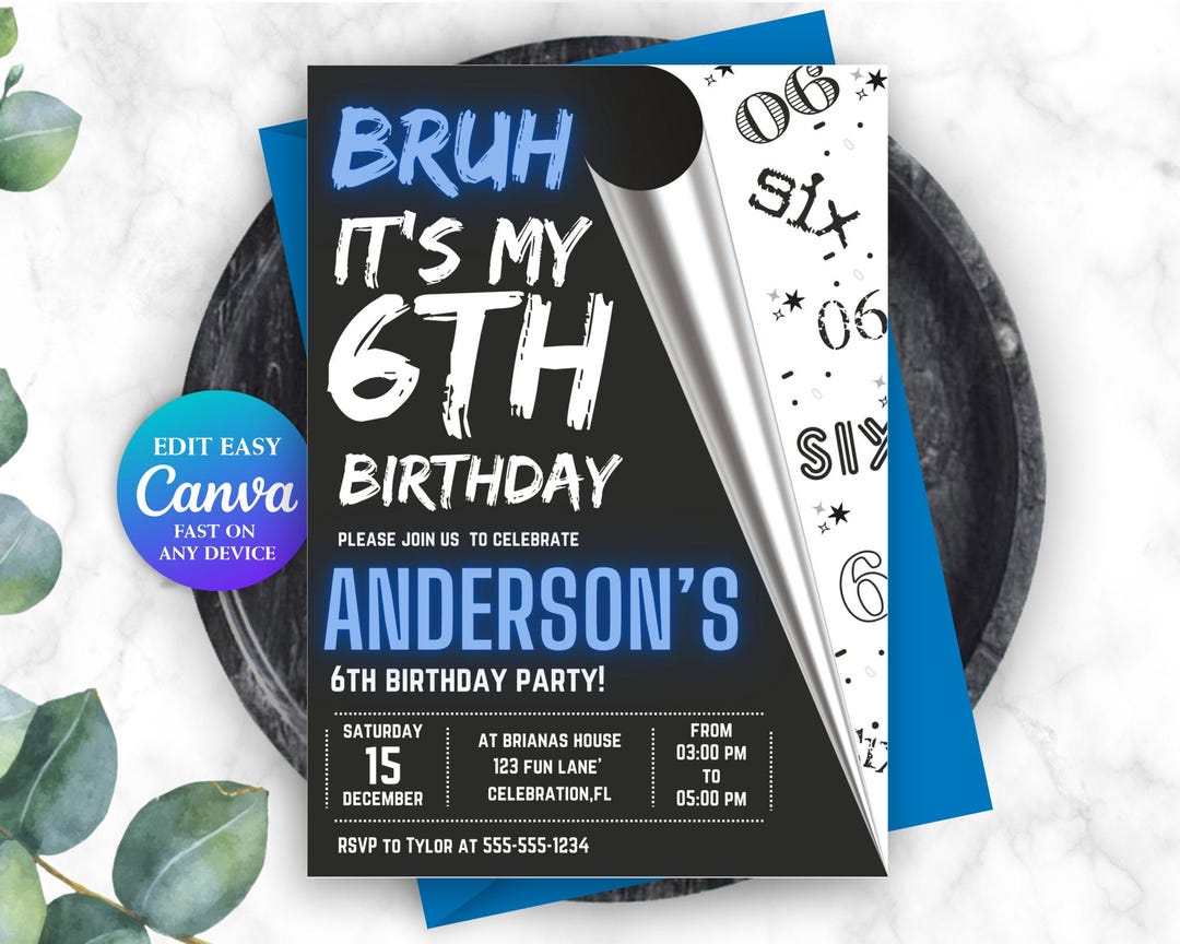 6th Birthday Invite Boy Burh Birthday Invitation Boy Number Invitation ...