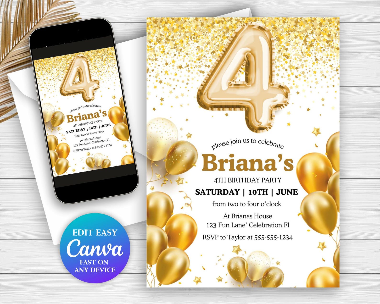 4th Birthday Golden Invitation Girl Gold Glitter Birthday Invite Boy ...