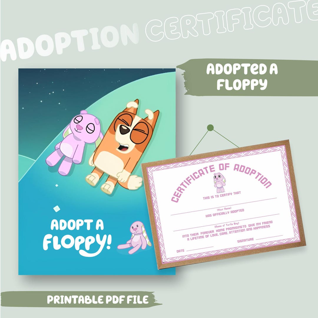 Letrero de adopción de Floppy Bluey Paquete de certificado de adopción ...