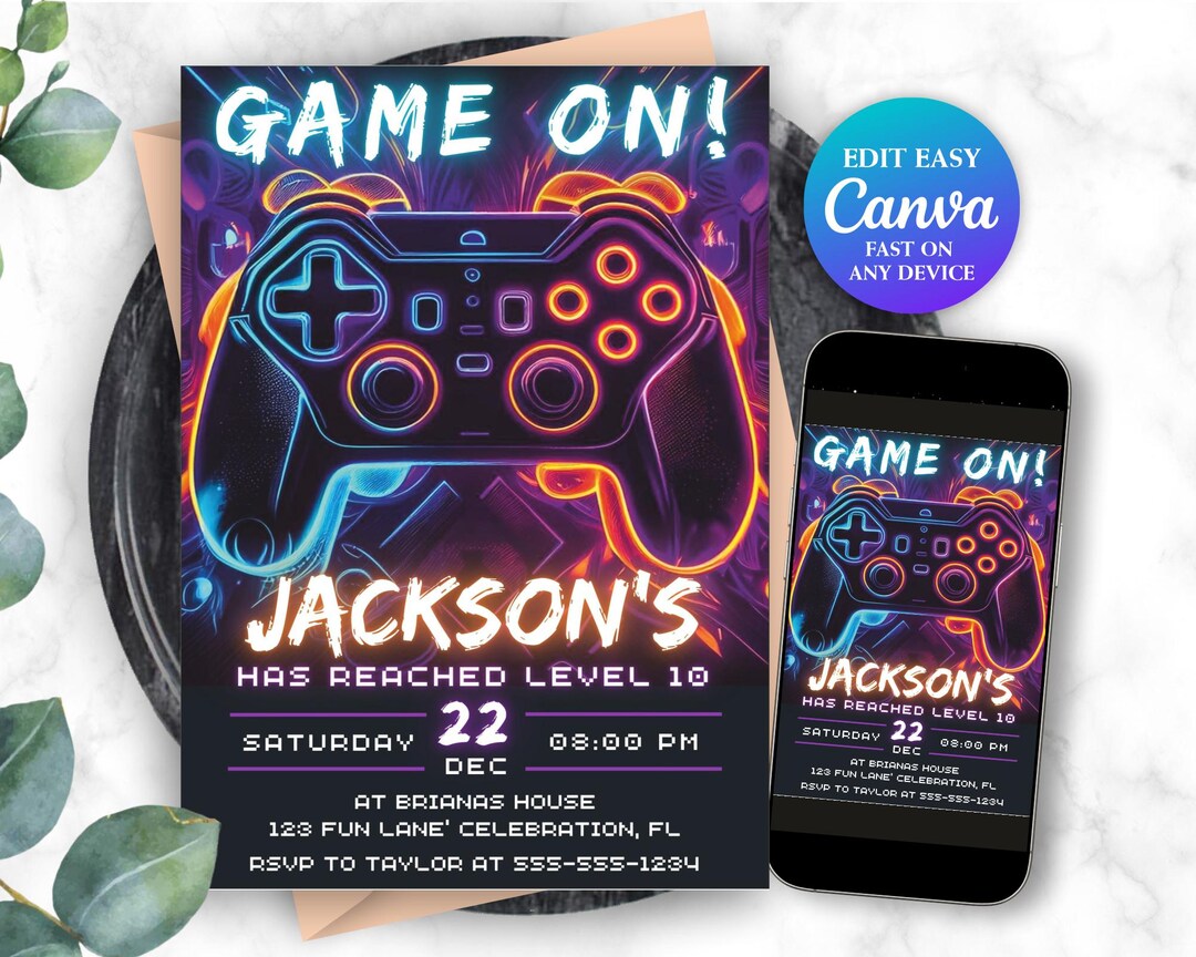 Video Game Birthday Invitation Neon Party Game Invitation Boy Video ...
