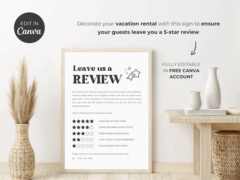 Airbnb 5-star Rating Sign: Vacation Rental Review Guide (editable Canva ...