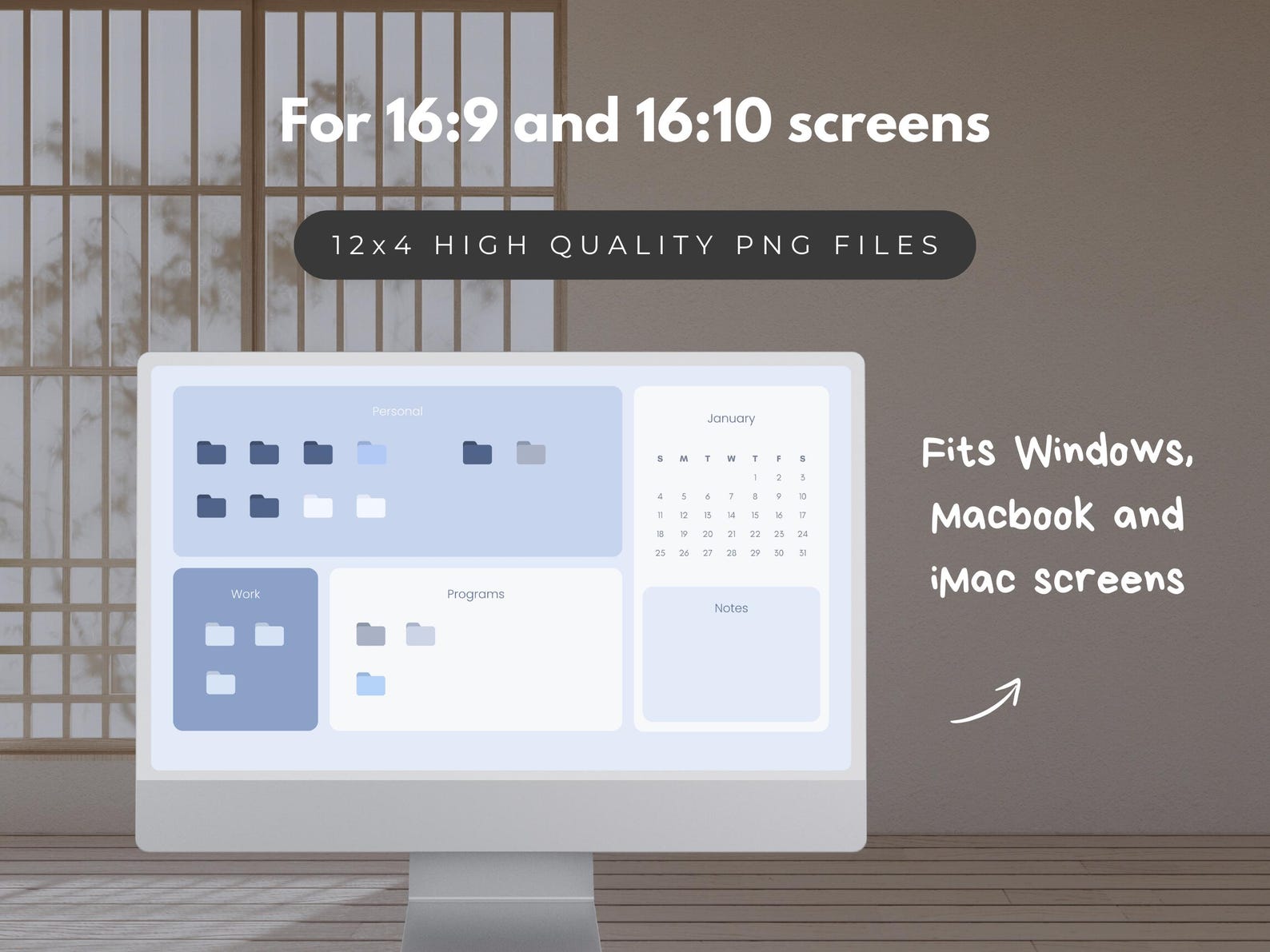 Desktop Organizer Wallpaper Set: Blue Theme Background & Folder Icons ...