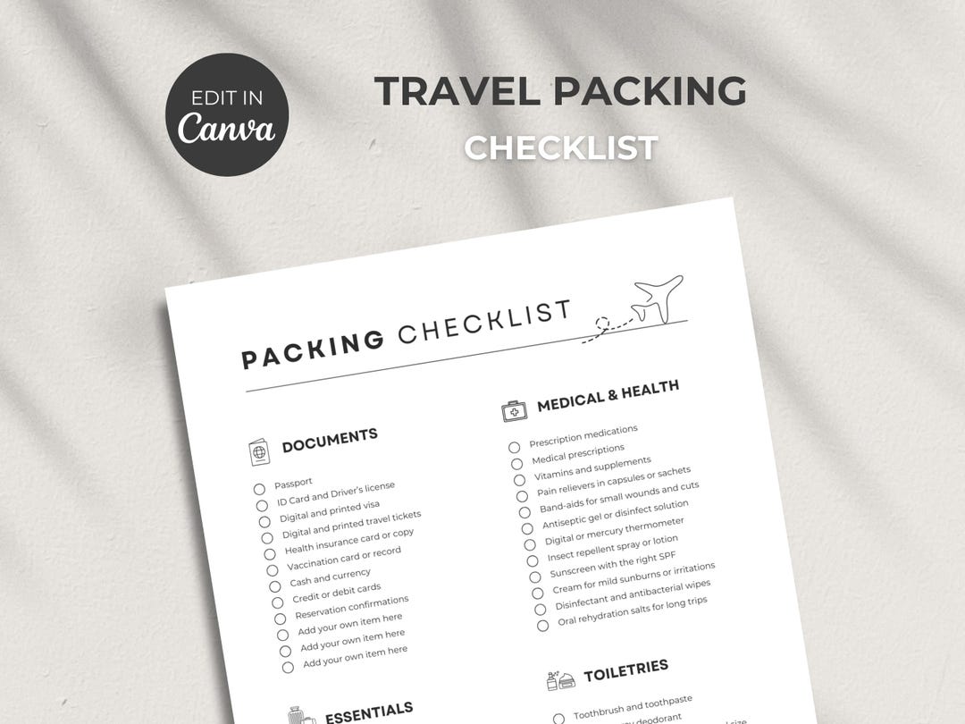 Editable Travel Packing List, Packing Checklist, Printable Packing List ...