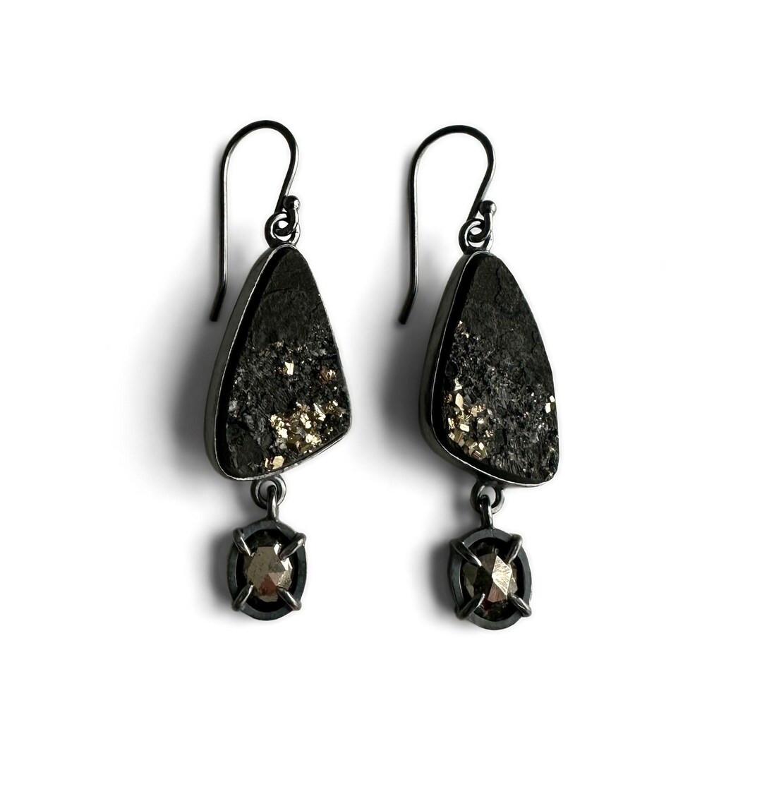 Pyrite in Slate, Pyrite, and Sterling Silver Dangle Earrings - Etsy