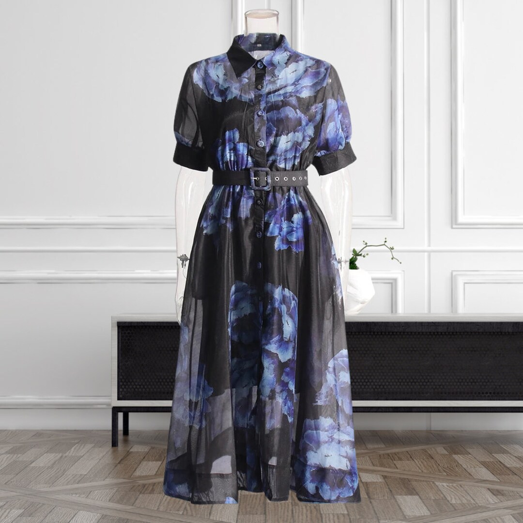 Colorblock Printing Elegant Dress for Women Lapel Puff Sleeve High ...