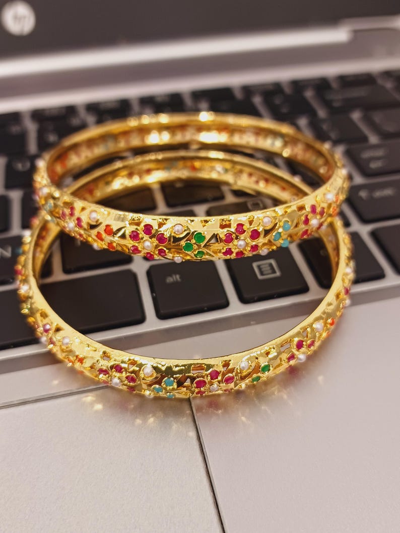 Punjabi Jadau Bangles in Navratan With Pearls and Stones/ Indian ...