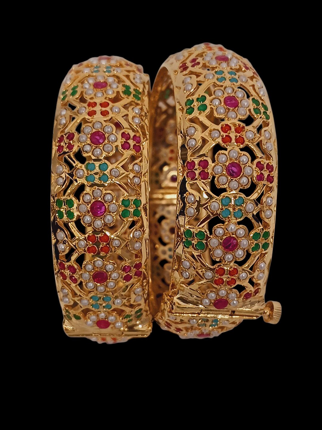 Punjabi Jadau Bangles in Navratan With Pearls/ Indian Jadau Jewellery ...