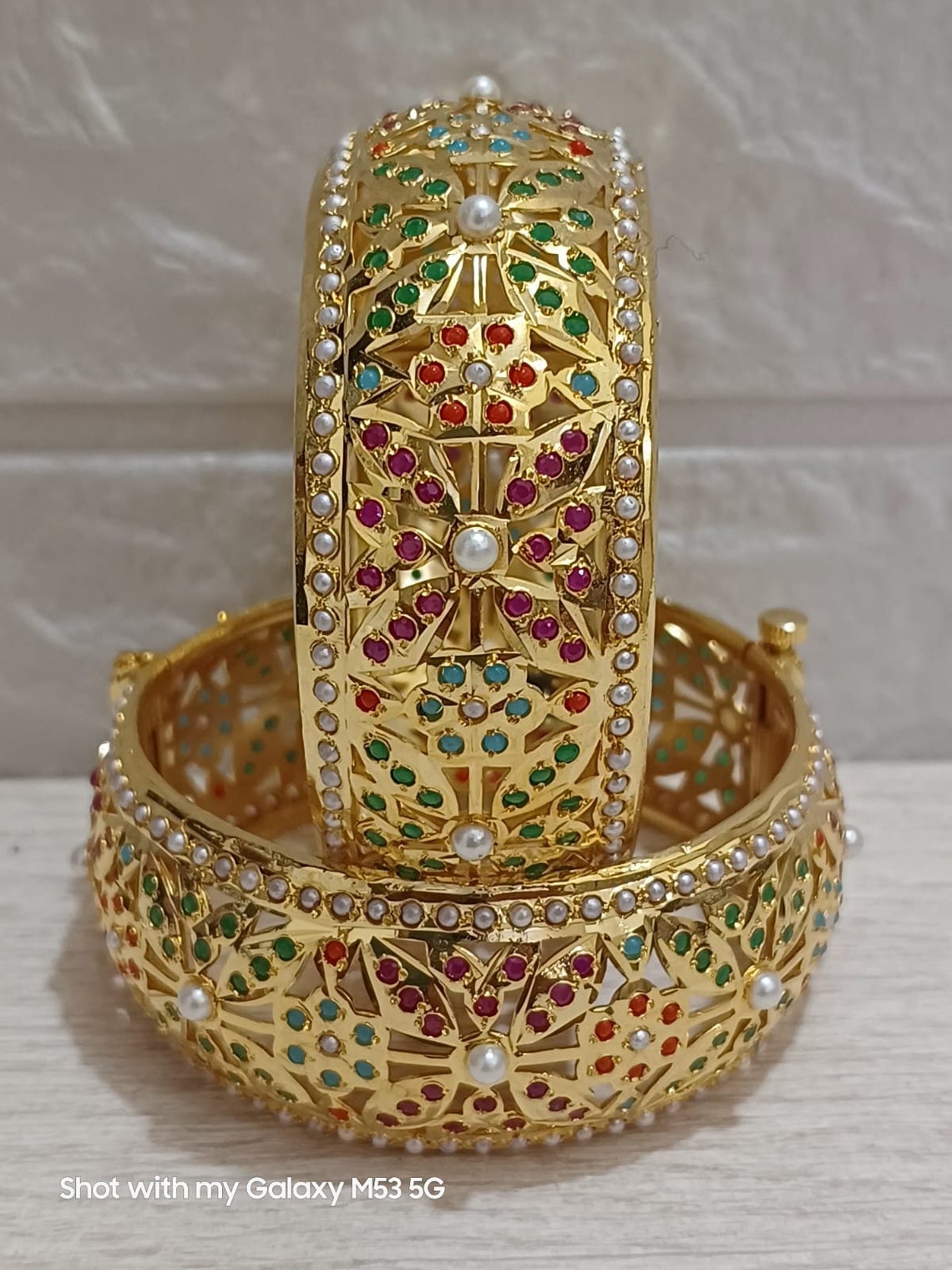 22K Gold Plated Jadau Bangles; Indian Bridal Kada, Pearl & Stone ...