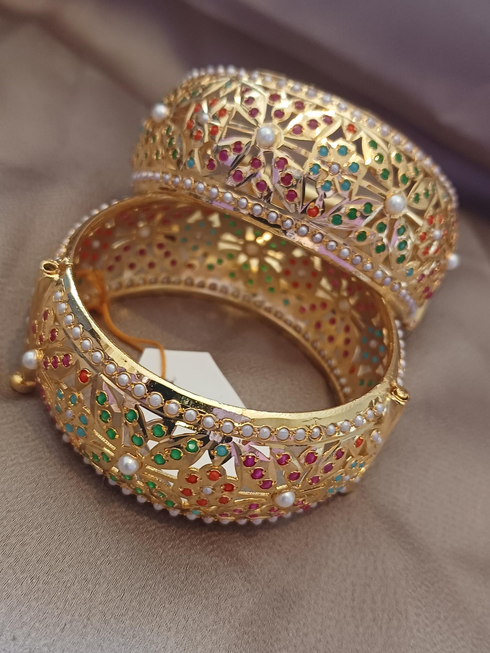 22K Gold Plated Jadau Bangles; Indian Bridal Kada, Pearl & Stone ...
