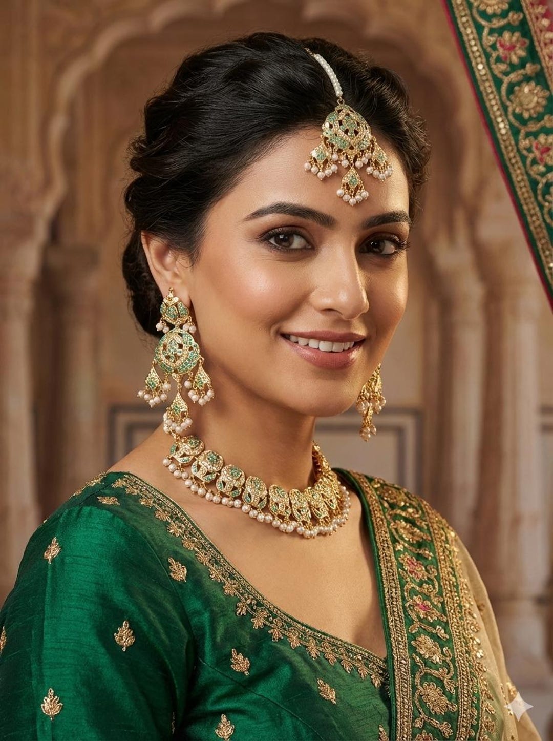 Punjabi Jadau Necklace Set With Tika in Firozi Stones and Pearls ...