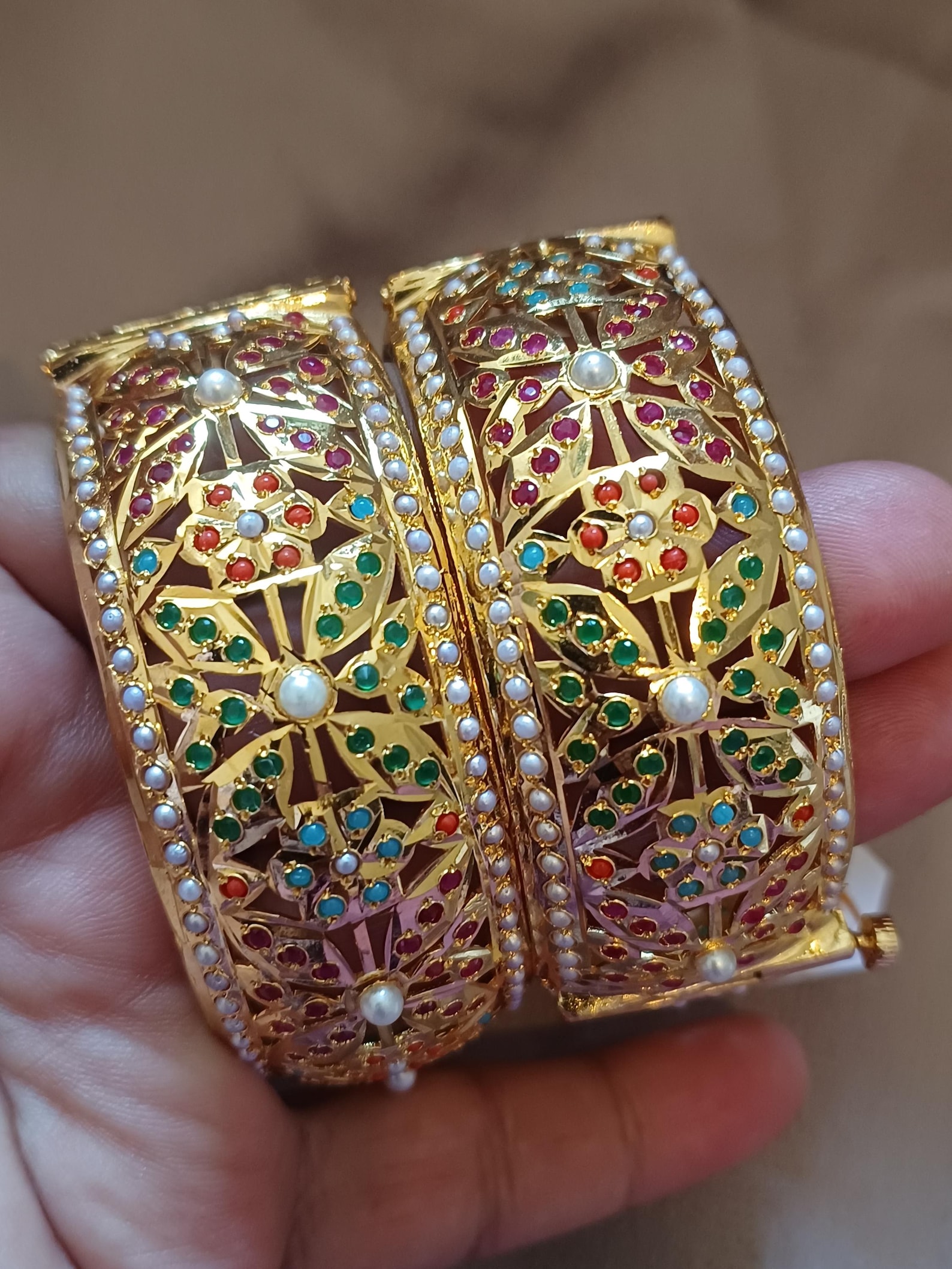 22K Gold Plated Jadau Bangles; Indian Bridal Kada, Pearl & Stone ...