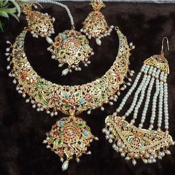 Navratan Bridal Jadau Set Hyderabadi Jadau Jewellery Set Indian Women Necklace fashion Jewellery zainabfashion4u Etsy