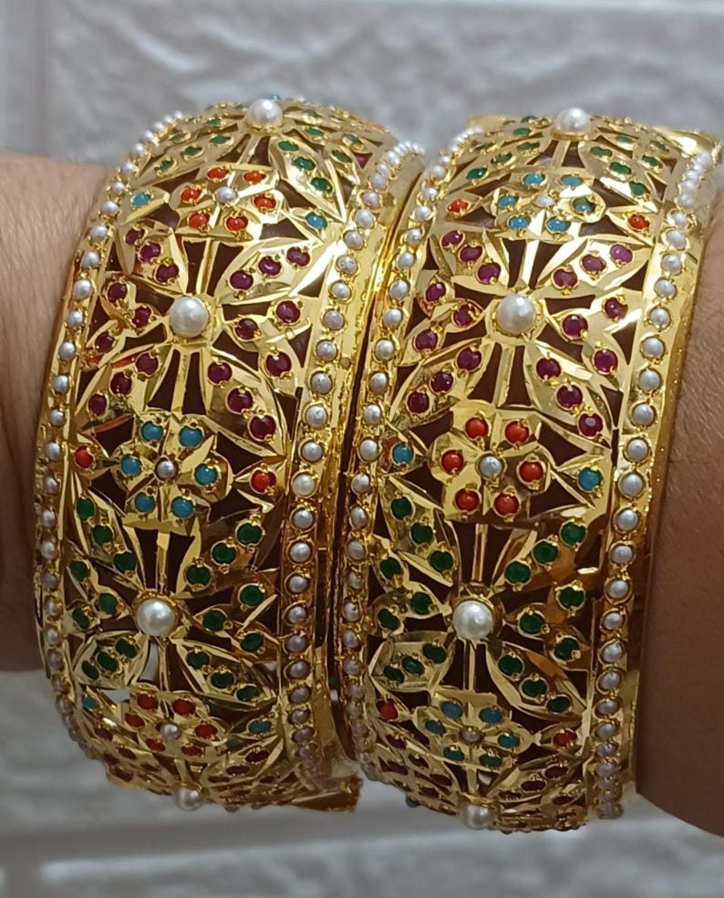 22K Gold Plated Jadau Bangles; Indian Bridal Kada, Pearl & Stone ...
