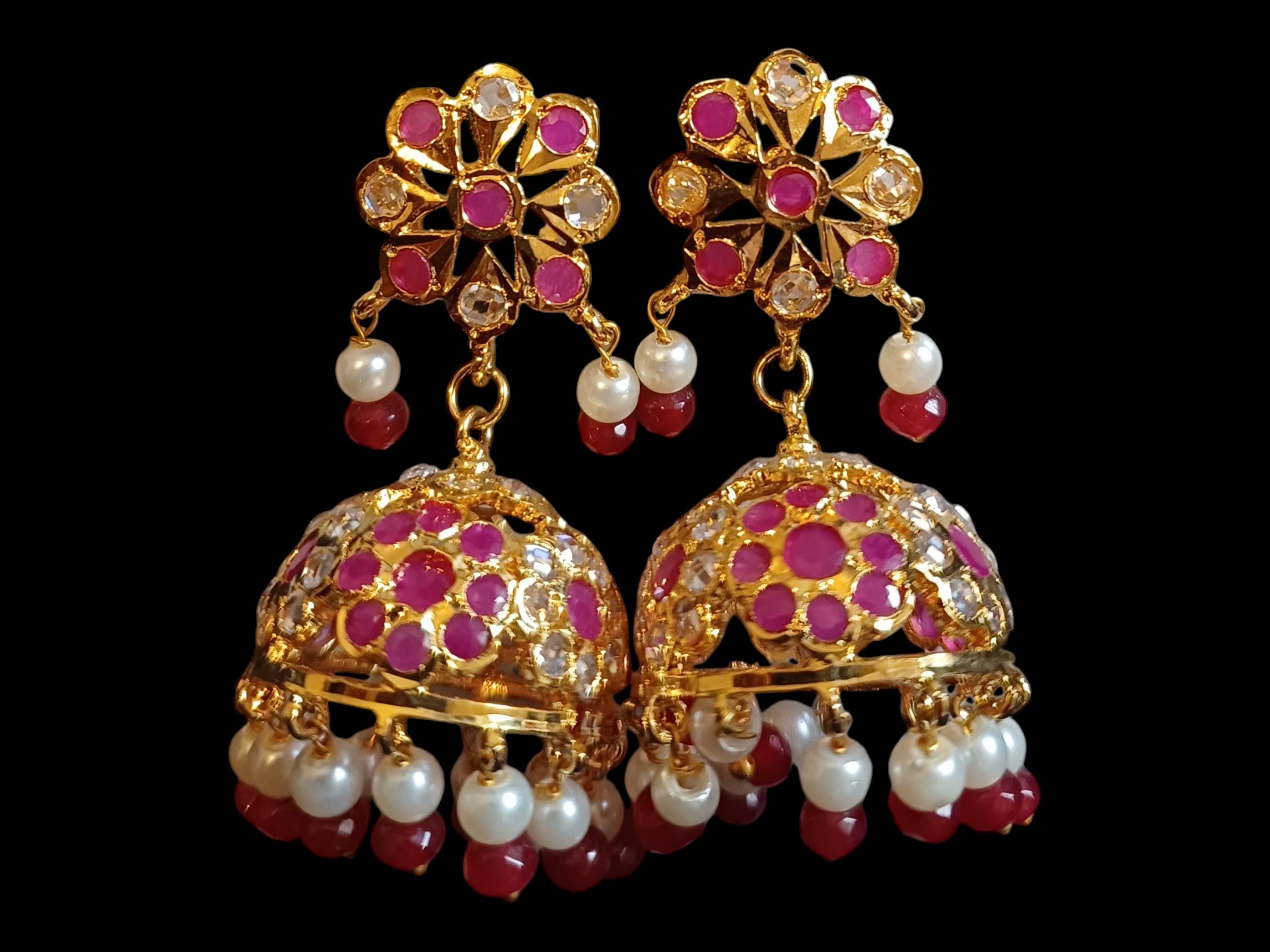 Elegant Hydrabadi Ruby & White Stone Jhumki Earrings | Punjabi Fashion ...