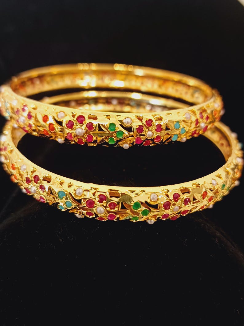 Punjabi Jadau Bangles in Navratan With Pearls and Stones/ Indian ...